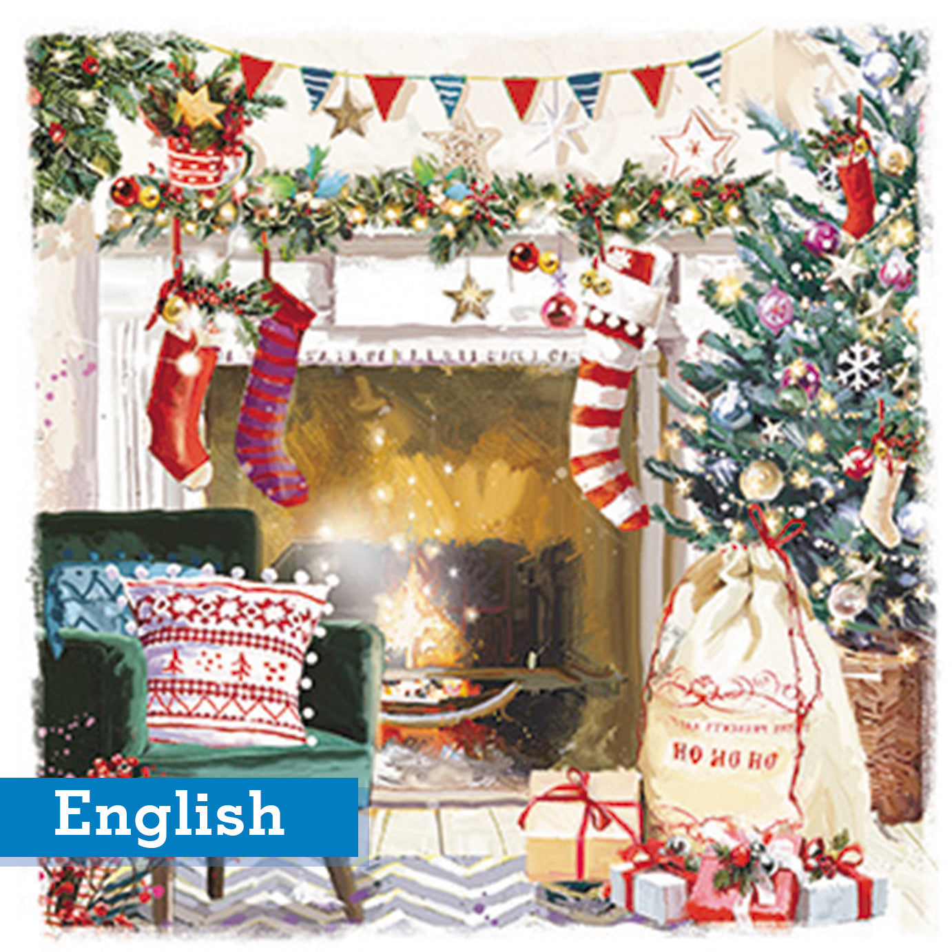 Stockings by the fire Christmas Cards English Greeting Pack of 10 ...